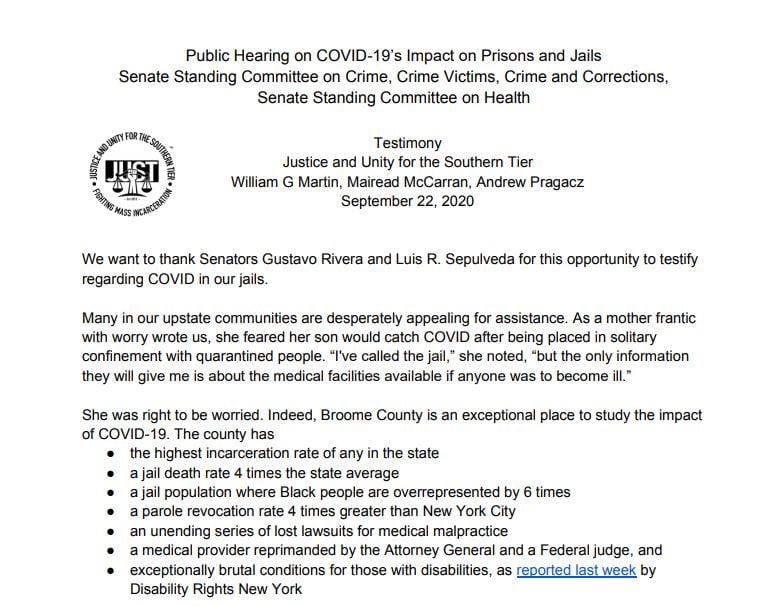 JUST Testifies at Senate Hearing Regarding COVID-19 in Prisons - WICZ JUST Testifies at Senate Hearing Regarding COVID-19 in Prisons - WICZ